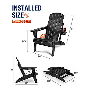 POWERWOOD Folding Adirondack Chair Wood Texture, HDPE Higher Back Plastic Adirondack Chairs with Cup Holder, Weather Resistant Composite Chair for Outdoor, Patio, Lawn, Garden, Fire Pit Chairs (Black)