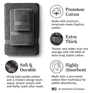 Supima Cotton 3 Piece Bath Towel Set by Laguna Beach Textile Co - Bath Towel, Hand Towel, Washcloth - Hotel Quality, Plush, 730 GSM Pewter Gray