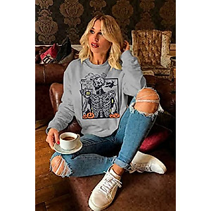 MYHALF Coffee Skeleton Sweatshirt Women Halloween Pumpkin Shirts Funny Graphic Long Sleeves Fall Sweatshirts