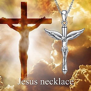 HUKKUN Crucifix Cross Necklace for Women Sterling Silver Crucifix Jesus Wings Pendant Jewelry Christian Gifts for Mom