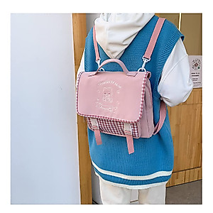 YUESUO Japanese Kawaii Plaid Bear Strawberry Backpack 3 Way Multi Bag for Girl Women JK Lolita Student Cosplay Satchel Book Bag (Pink,Medium)