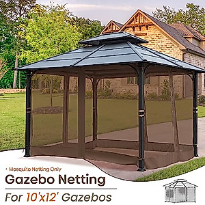 Akeacubo Patio Mosquito Netting for Gazebo 10'x12' - Outdoor Patio Netting Screen for Porch, Universal Replacement Mosquito Curtains with Zipper, Durable 4-Panel Mosquito Screen for Patio (Brown)