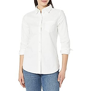 Amazon Essentials Women's Long Sleeve Button Down Stretch Oxford Shirt (Available in Plus Size), White, XX-Large