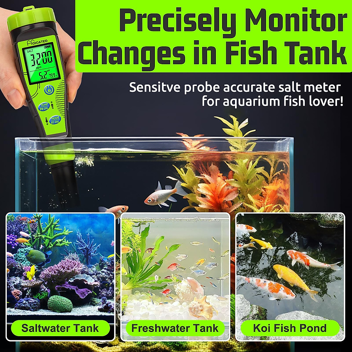 HOICATED Digital Pool Salt Tester for Swimming Pool Large Simultaneous Screen Salinity pH Meter for Koi Pond Aquarium Fish Tank Hot Tub EC Tester for Indoor Garden Hydroponics Water Quality Tester