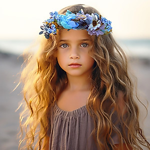 Vivivalue Flower Wreath Crown Boho Flower Headband Hair Garland Floral Headpiece Halo with Wrist Wedding Party Festival Photos Blue