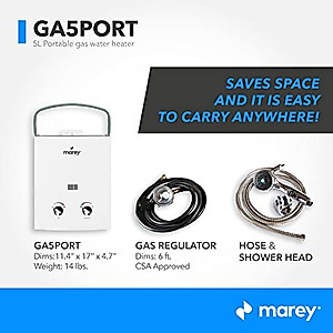 Marey GA5PORT Portable Propane Gas Tankless Water Heater, Small, White