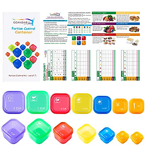 GOANDWELL Portion Control Container Kit for Weight Loss -21 Day Labeled Meal Food Containers - 21 Day Tally Chart with e-Book (7 Piece Labeled)