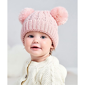 MOK Baby Beanie for Girls Cable Knit Winter Hat with Double Pom Pom Skull Hats