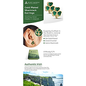 Biddy Murphy, Dainty Classic Irish Luck Shamrock Earrings for Women, Gold Plated with Emerald Green Enamel, Traditional Celtic Jewelry, Made in Ireland by Artisan Jewelers