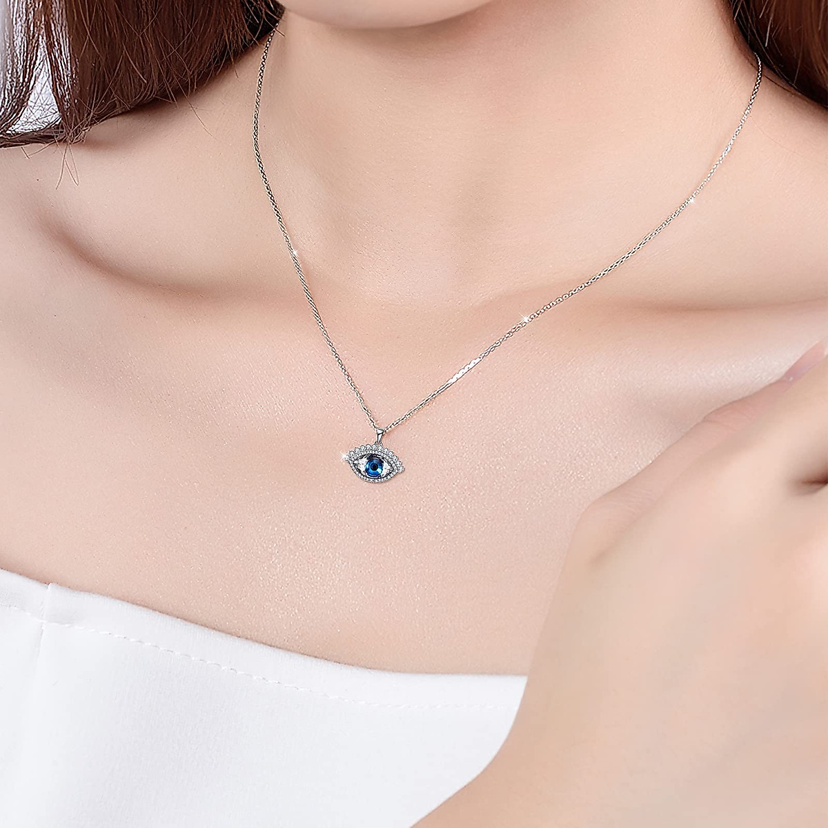 Richapex Evil Eye Pendant Necklace 18K White gold Plated Necklace Pure Crystal Eye Pendant Protection Necklace Ojo Turco Greek Protection Jewelry for Women