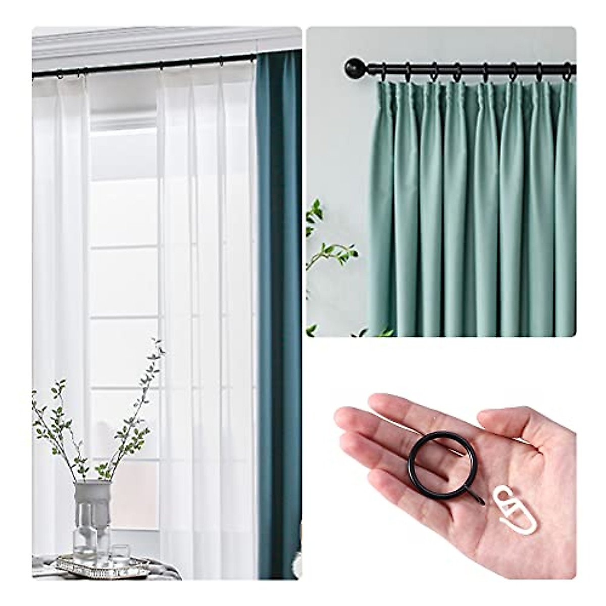 CALIDAKA Curtain Rings, 24Pack Black Curtain Rings and Hooks, 30mm Metal Hanging Rings with Curtain Hooks, Durable Curtain Drapery Pole Rod Rings for Window Rods, Shower Curtains Hanging