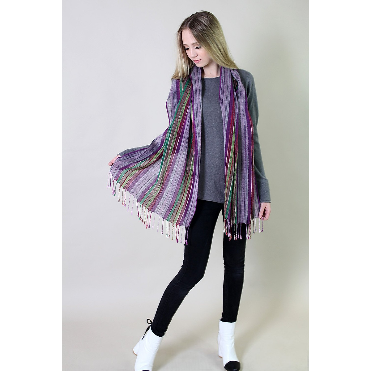 Anika Dali Women’s Jewel Shimmer Multicolor Stripe Scarf, Metallic Pashmina Shawl (Purple Dazzle)