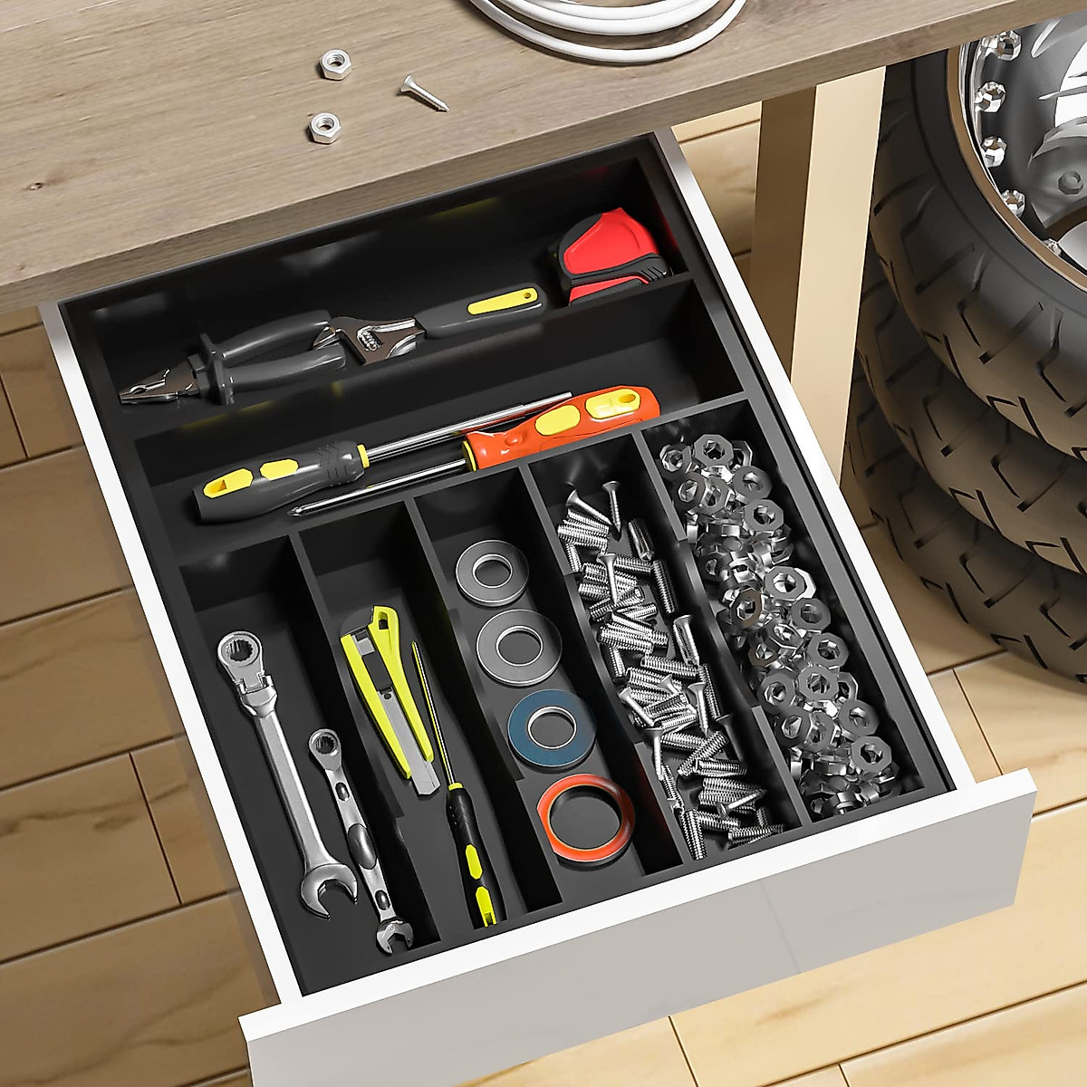 WUSHIZHUHUN Utensil Organizer Silverware Drawer Organizer - 7 Slots Bamboo Silverware Tray For Kitchen Cutlery Office Supplies Makeup Desk Storage Garage Tool Organization W13”x L17” (Black)