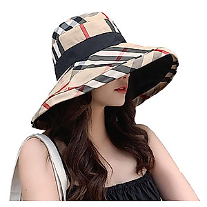 RUINUO Womens Plaid Bucket Hats Wide Brim Sun Hat Double Sided Windproof Summer Beach Hats for Fishing Hiking Travel Golf Beige