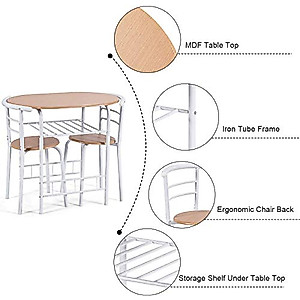 FANTASK 3 Pieces Dining Set, Breakfast Table Set w/Metal Frame and Storage Shelf, Compact Table and 2 Chairs Set for Home Bistro Pub Apartment Kitchen Dining Room Cafe