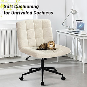 Furniliving Wide Desk Chair, Faux Fur Upholstered Office Chair with Wheels, Adjustable Accent Chair with Thicken Seat, Computer Chair for Living Room, Study Room, Home Office, IvoryWhite
