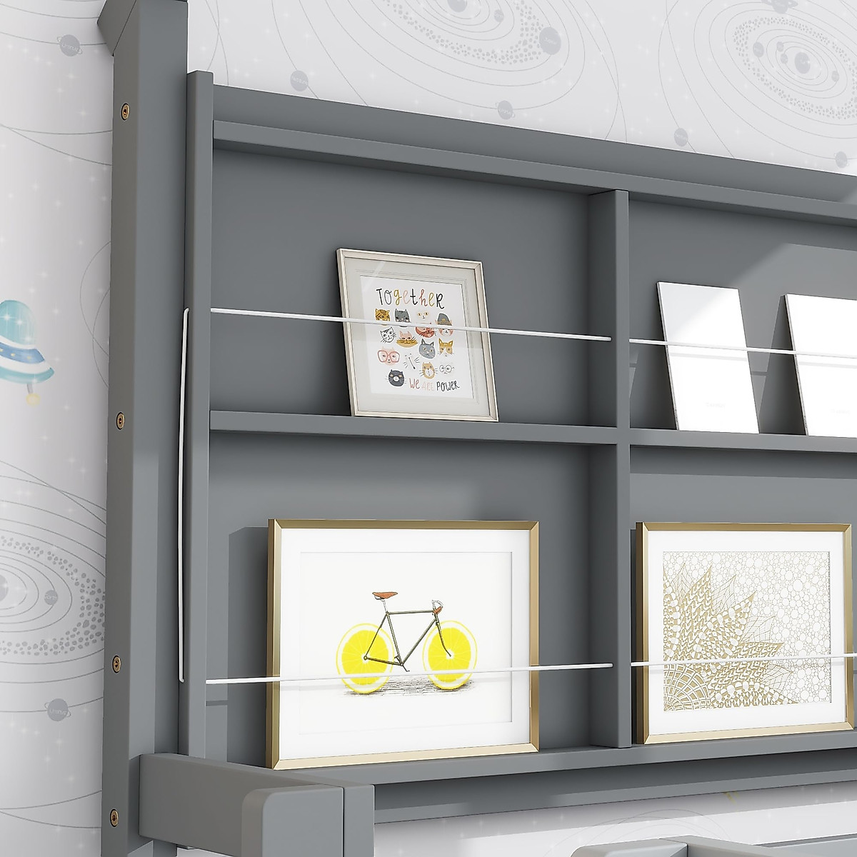 Bellemave Twin Size House Bunk Bed with Bookshelves for Kids,Twin Over Twin Floor Bunk Beds with Semi-Enclosed Roof,Solid Wood Twin Size Low Bunk Bed for Girls Boys,Gray