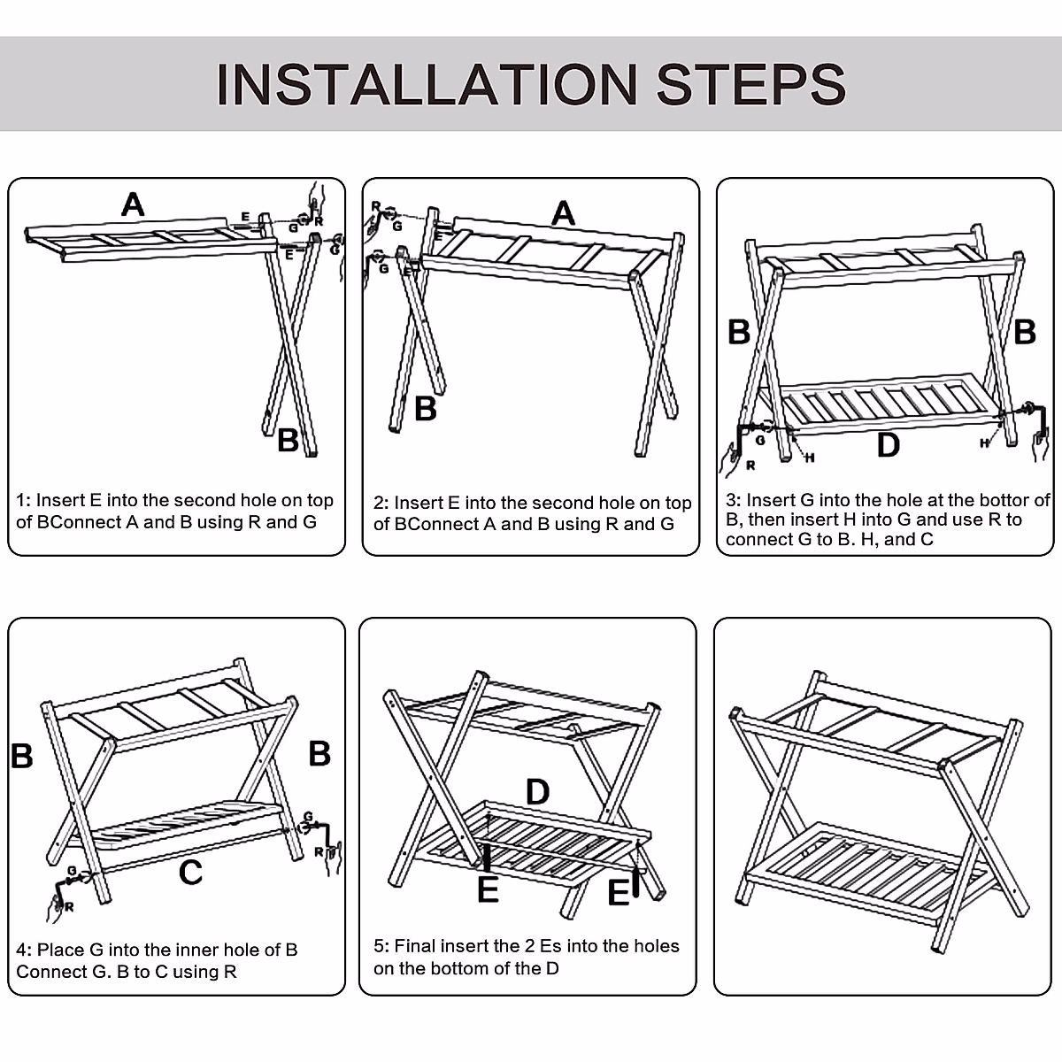 Babion Folding Luggage Racks with Shelf, Wooden Suitcase Stand, 2 Tier Foldable Luggage Racks with Heavy Duty Nylon Belts, Suitcase Bag Holder for Bedroom Guest Room, 4 Pack