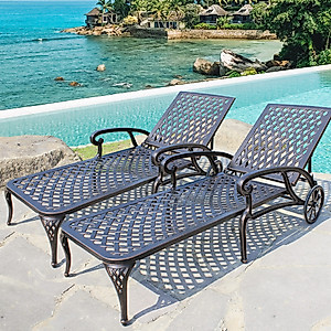 HOMEFUN Chaise Lounge Chair Outdoor, Pool Lounge Chairs Set of 2 Cast Aluminum Tanning Chairs with Adjustable Backrest and Moveable Wheels, Bronze