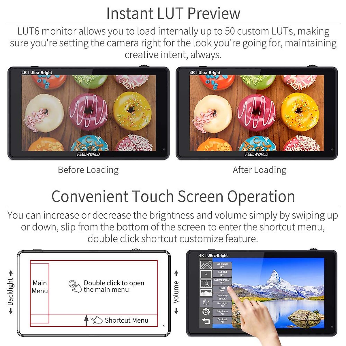FEELWORLD LUT6 6 Inch 2600nits HDR 3D LUT Touch Screen DSLR Camera Field Monitor with Waveform VectorScope Histogram 4K HDMI Input Output 1920X1080