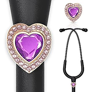 BJÖRN HALL Stethoscope Heart Charm | Fits littmann Classic III | Perfect Nurse Accessory for Work | Charmed Purple Love Heart Crystal Bling | Perfect Gift- Nurse RN RT Vet | Rose Gold - Purple Heart