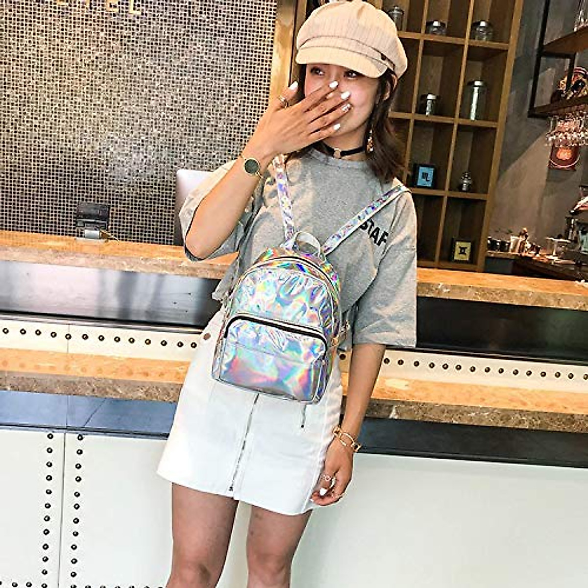 MOSSTYUS Small Holographic Backpack Rainbow Shoulder Bag Metallic Satchel Shiny Travel Daypack for Women Men Lady