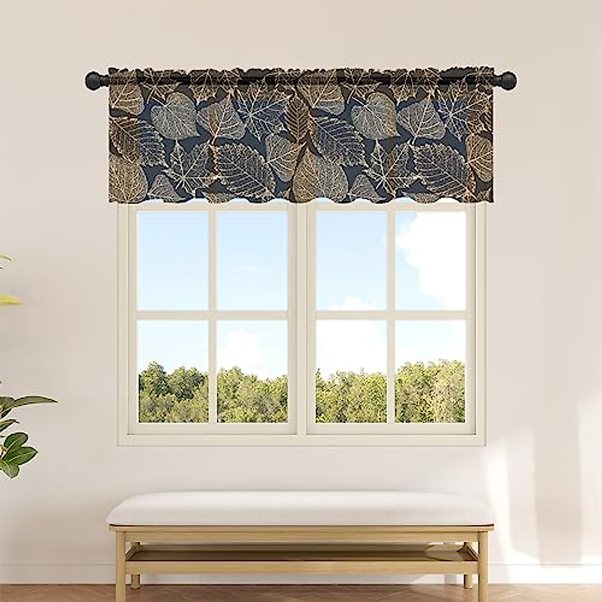 BOBOWUNY Thanksgiving Fall Sheer Window Valance Rod Pocket Valance Curtain, Gold Autumn Maple Leaves Black Backdrop Semi Sheer Drapery for Bedroom Kitchen Window Decor Curtains, 1 Panel 54"x18"