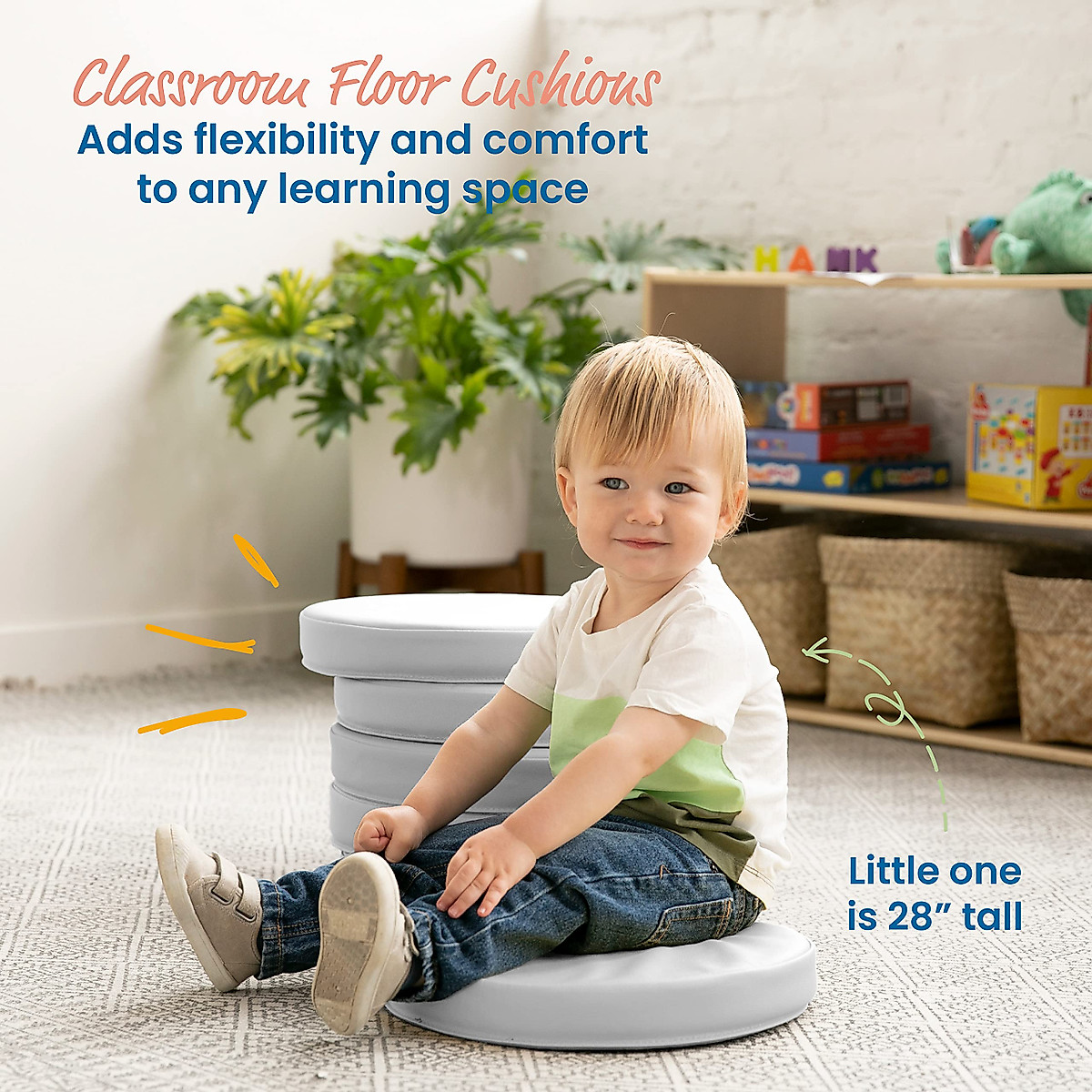 ECR4Kids SoftZone Floor Cushions, Round, Flexible Seating, Light Grey, 6-Piece