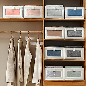 LaMorée Fabric Storage Bin Box Rectangular Cotton Linen Storage Basket Cube with Thick PP Board Clear Mesh Window Foldable Decorative Nursery Home Office Organizer Container – Beige, Large