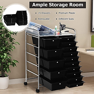 MEDIMALL 15 Drawers Rolling Storage Cart, Multipurpose Craft Storage Cart with Wheels, Mobile Tools Scrapbook Paper Organizer Cart for School Home Office Use (Black)