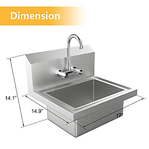 Bonnlo Commercial Sink Hand Washing Basin Stainless Steel Hand Sink with Hot&Cold Faucet, Wall Mount Utility Sink with Drainer Heavy Duty Hand Wash Sink for Commercial Restaurant Home Kitchen Workshop