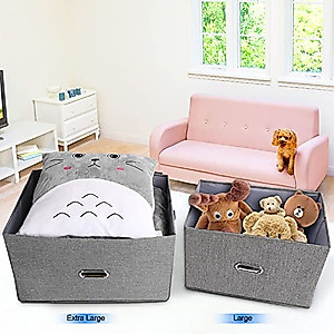 Valease 2-Pack Large Linen Foldable Storage Bins with Removable Lids and Handles, Washable Collapsible Storage Box Containers Baskets Cube with Cover for Bedroom,Closet,Office,Living Room,Nursery (Grey, Extra Large)