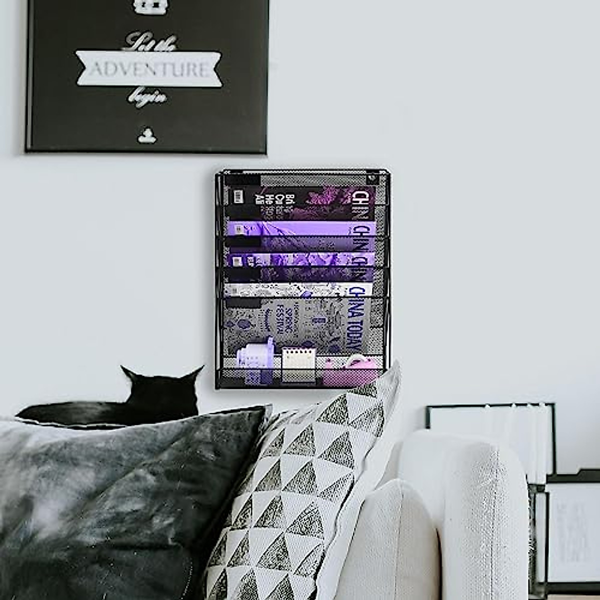 HMXLJJY 6 Tier Mesh Wall File Organizer,Vertical File Organizer,Hanging Folder Organizer Wall Mount with Flat Tray,Mail Organizer for Papers,Folders,Files Clipboard & Magazine Organization for Office,Home(Black)