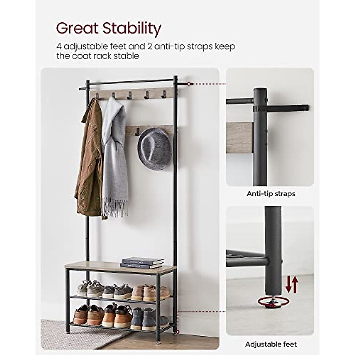 VASAGLE Coat Rack, Hall Tree with Shoe Storage Bench, Entryway Bench with Shoe Storage, 3-in-1, Steel Frame, for Entryway, 12.6 x 27.6 x 69.8 Inches, Industrial, Greige and Black UHSR41MB