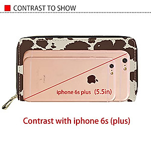 CLOHOMIN Brown Cow Wallet Purse Long Leather Waterproof Cash Card Holder Cute Animal Fur Prints Clutch Purse for Women Girls Holder Zipper Closure Mini Wristlet Coin Bag