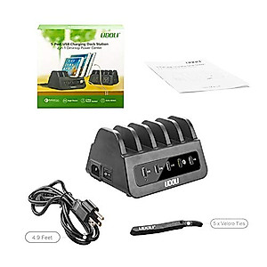 UDOLI 5 USB Ports Charging Station Organizer for Multiple Devices Fast Charging Desktop Stand for Apple Android Phone Tablet 1600W 2 AC Power Outlets Charger Dock for Home Office 3 Prong Cord Black