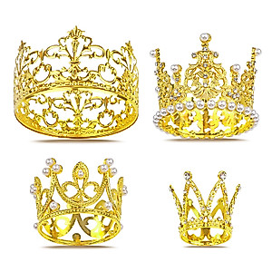 4 PCS Crown Cake Topper, Gold Mini Crown for Cake Topper Flower Arrangements Bouquet, Crystal Pearl Vintage Tiara Small Baby Princess Crown for Birthday Wedding Party Baby Shower Decor Boys and Girls