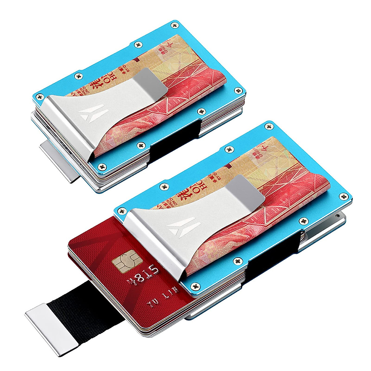 Yeacun Minimalist Women Man Aluminum Metal RFID Blocking Anti-Theft Wallet, Blue Pull-Out Design Convenient Credit Card Holder