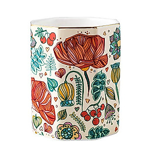 YOSCO Ceramic Pen Holder For Desk Cute Flower Stand Pencil Cup Pot Desk Organizer Makeup Brush Holder for Girls Women (Flower)