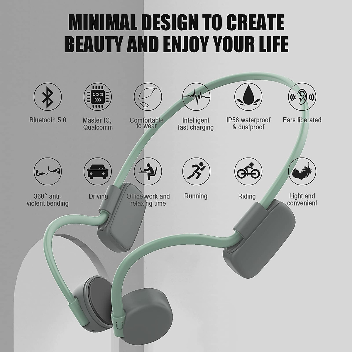 Green Running Bone Conduction Headphones Open Ear Bluetooth Wireless Earbuds Sport Headset with Mic Lightweight Sweatproof Headset Cycling Waterproof Earphones for Jogging Hiking Driving Fitness Gym