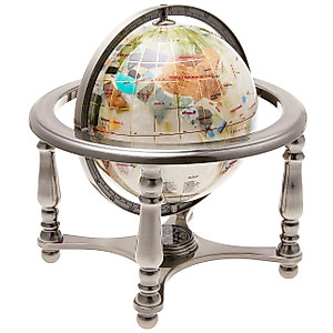 Unique Art 10-Inch Tall Pearl Swirl Ocean Gemstone World Globe with 4 Leg Silver Stand,white