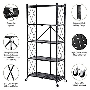 TIOPSUUO 5-Shelf Foldable Storage Shelf Unit on Wheels (No Assembly) Large Capacity Shelving Unit Steel for Kitchen, Garage, Basement, Pantry，Heavy Duty Steel Shelving Organizer Rack