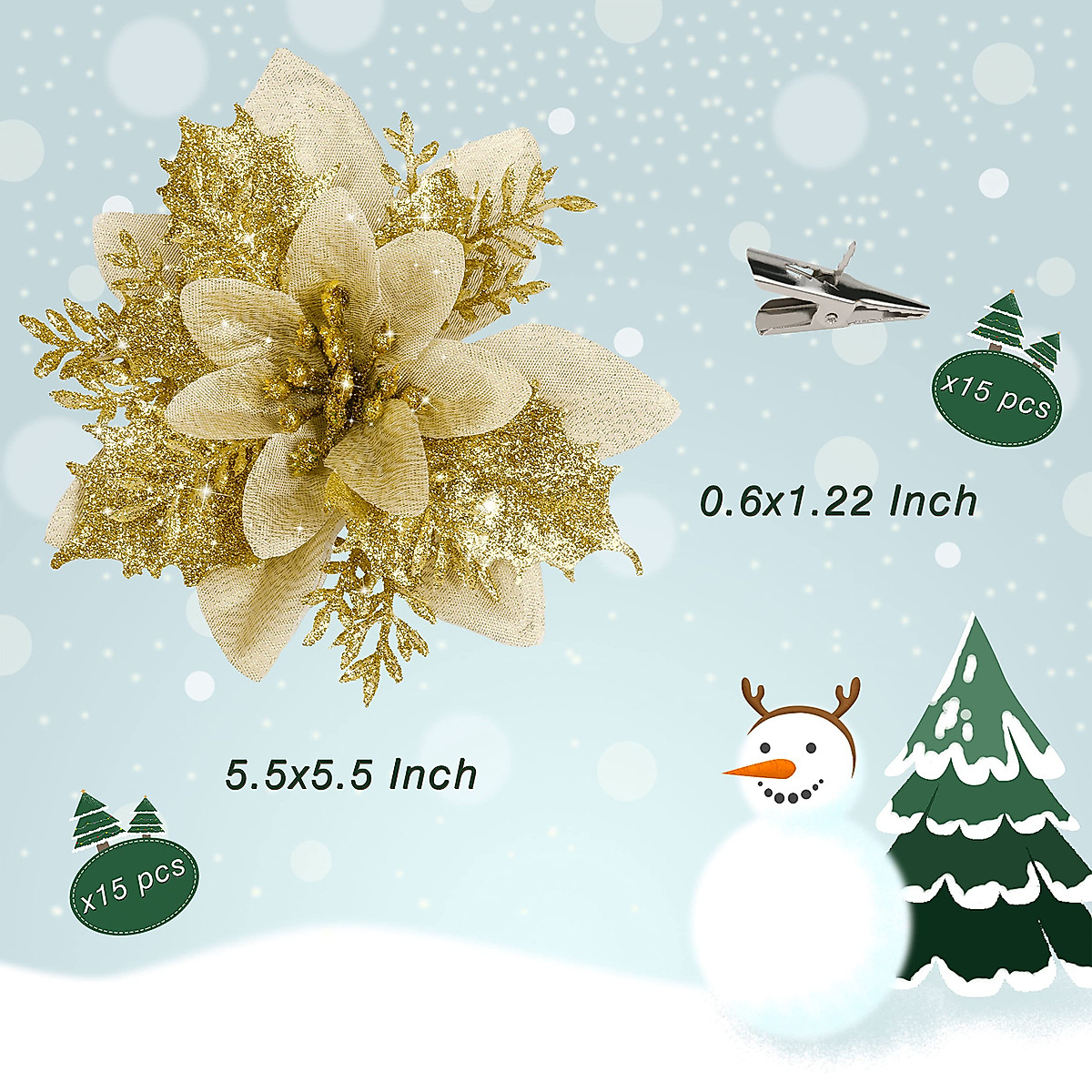 15 PCS Gold Poinsettia Flower Artificial Poinsettia with Clips Christmas Decor Glitter Poinsettia Christmas Ornaments Christmas Tree Flower Decorations with Stems DIY Xmas Wreath Holiday Party Decor