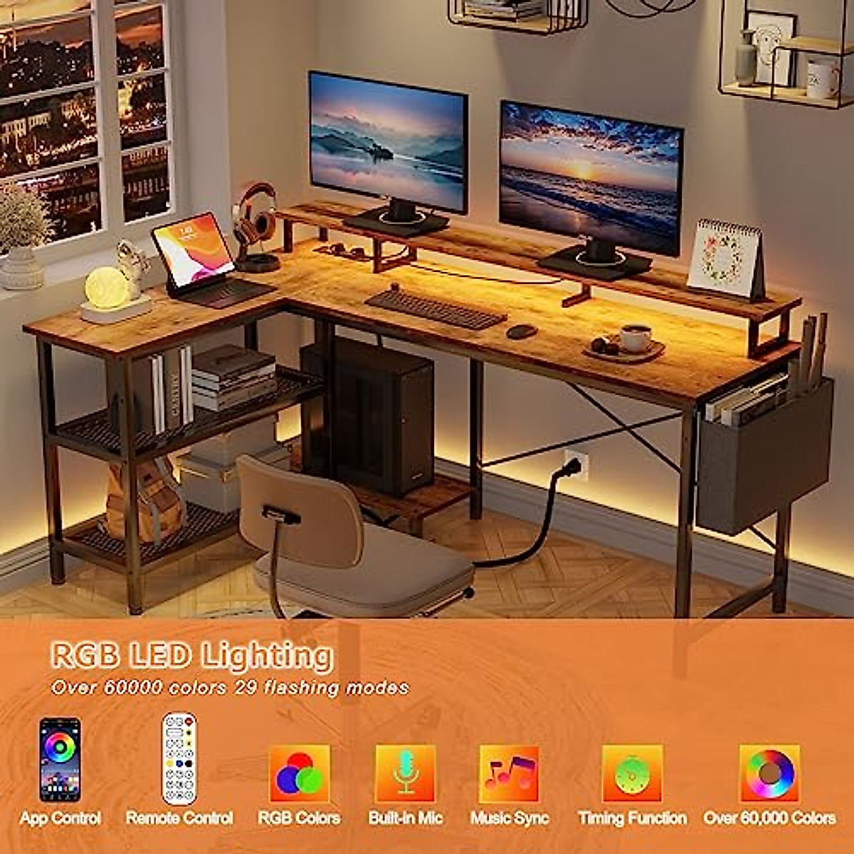 Furologee L Shaped Computer Desk with LED Lights & Power Outlet, Gaming Desk with 2 Reversible Storage Shelves, Corner Desk with 50" Monitor Stand, Writing Study Table with Cloth Bag for Home Office
