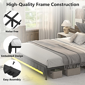 Queen Bed Frame with 3-Tier Headboard & 2 Hidden Storage, LED Lights Upholstered Bed Frame Queen Size with Charging Station, Platform Metal Bed Frame with Storage, No Box Spring Needed, Charcoal Gray