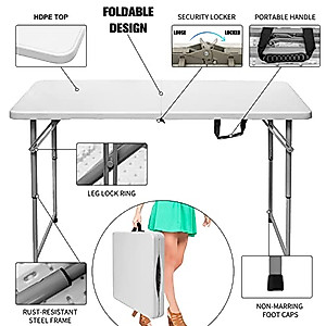 Byliable Folding Table 4 Foot Portable Heavy Duty Plastic Fold-in-Half Utility Foldable Table Small Indoor Outdoor Adjustable Height Plastic Folding Table with Carrying Handle, Camping and Party