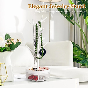 Inmorven Jewelry Tree Stand Organizer with Storage Box, White Display Holder for Necklaces Bracelets Earrings, with Clear Base Container