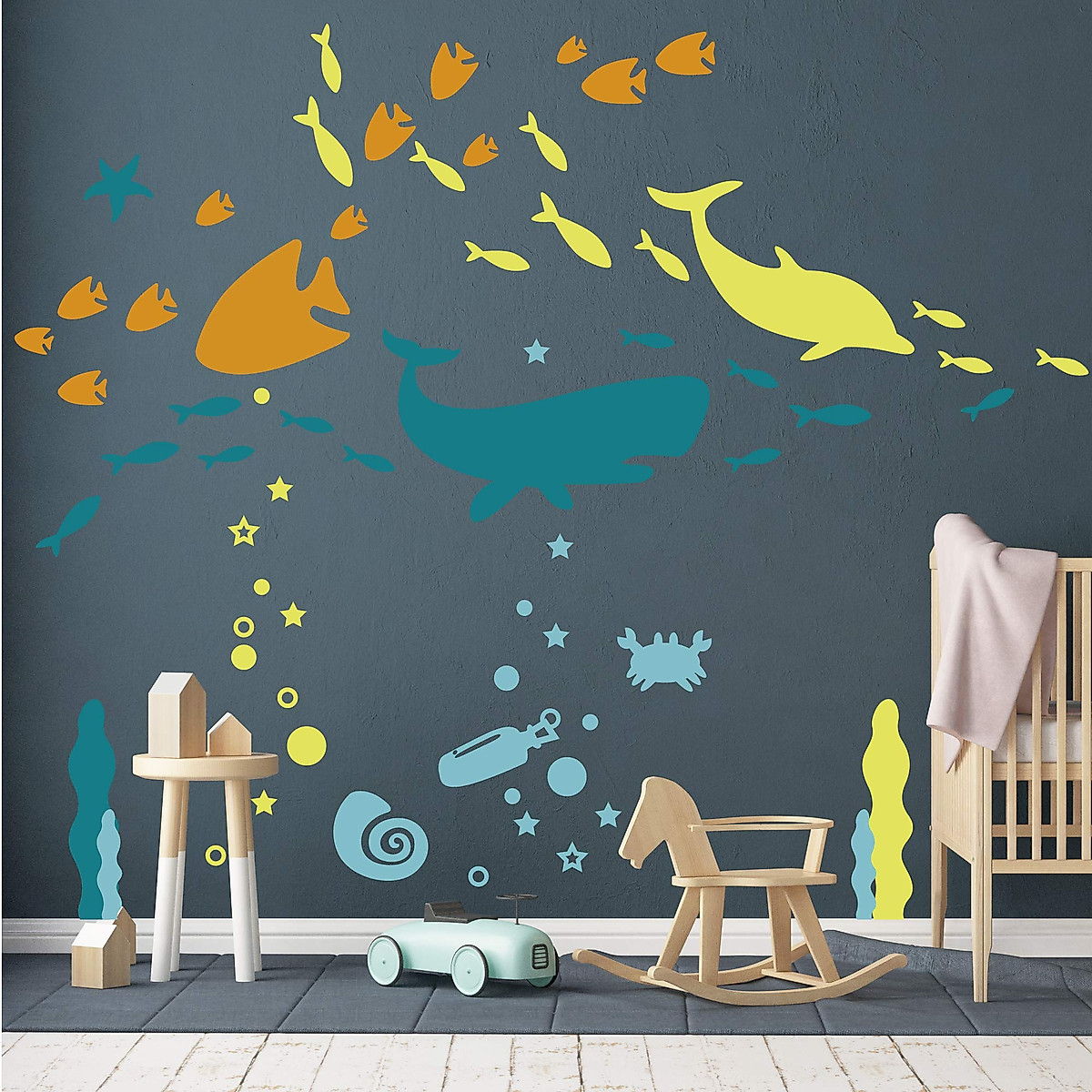 Ocean Wall Decal- Under The Sea Fish Vinyl Wall Stickers for Kids Boys Girls Room Bedroom Nursery Decor