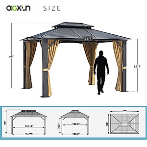 Aoxun 10'x12' Hardtop Gazebo, Outdoor Galvanized Double Roof Gazebo with Aluminum Frame Permanent Pavilion and Curtains & Netting for Backyard, Patio, Deck, Parties (Brown)