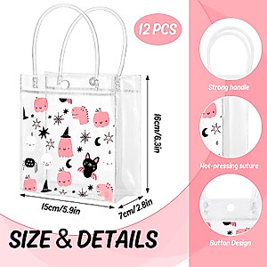 JarThenaAMCS Halloween Clear PVC Gift Bags Cute Pink Ghost Pumpkin Bats Party Favor Bags with Handles Cartoon Treat Tote Bags for Halloween Birthday Party Supplies, 12Pcs
